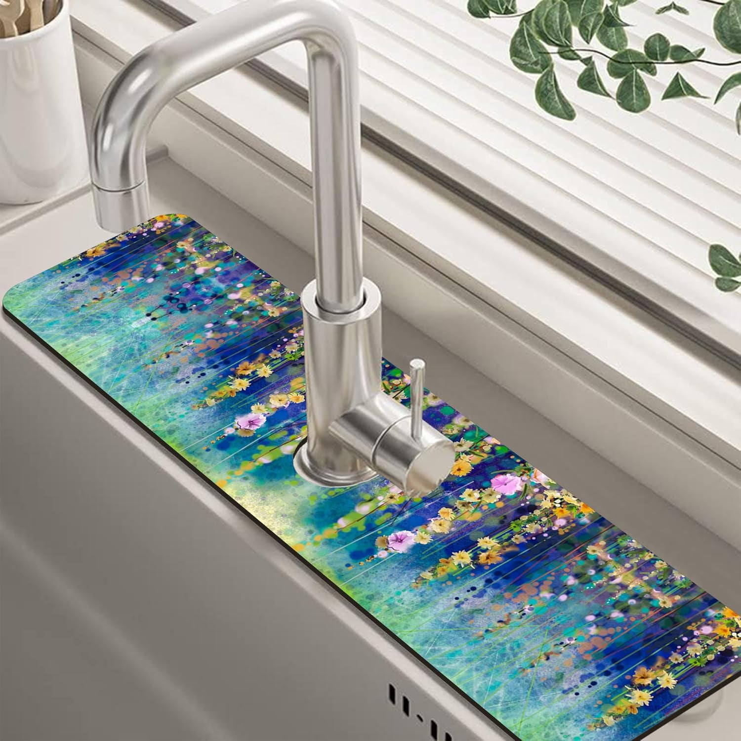 Abstract Watercolor Floral Kitchen Sink Splash Guard Mat Absorbent Fast ...