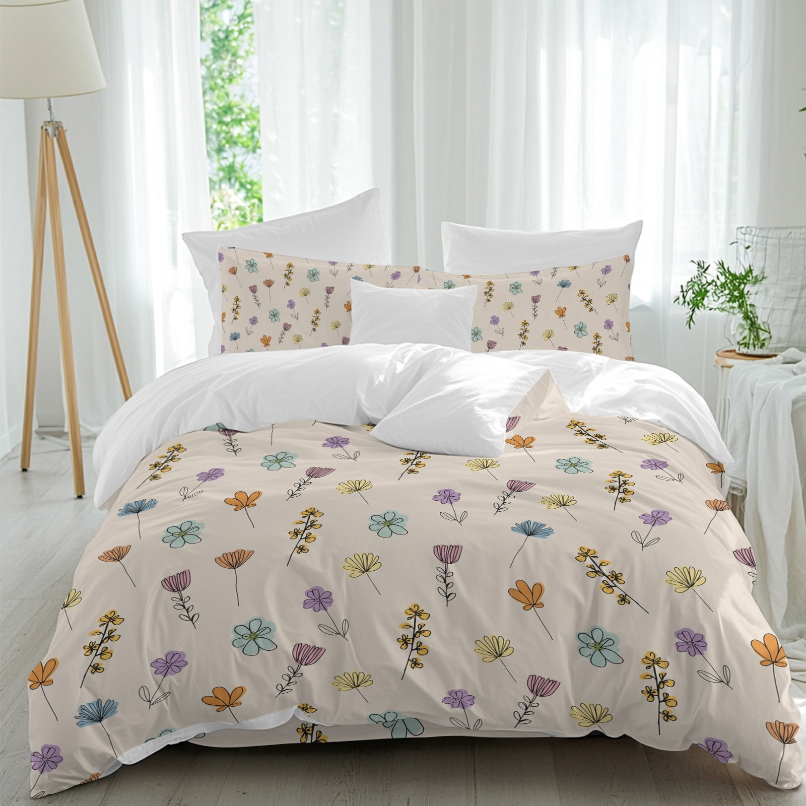 Abstract Watercolor Flower on Beige Full Size Bed Set,Spring Seamless ...
