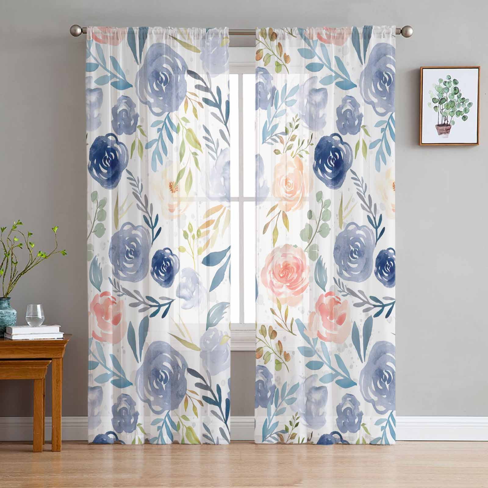 Abstract Watercolor Flowers Plants Sheer Curtains for Living Room ...