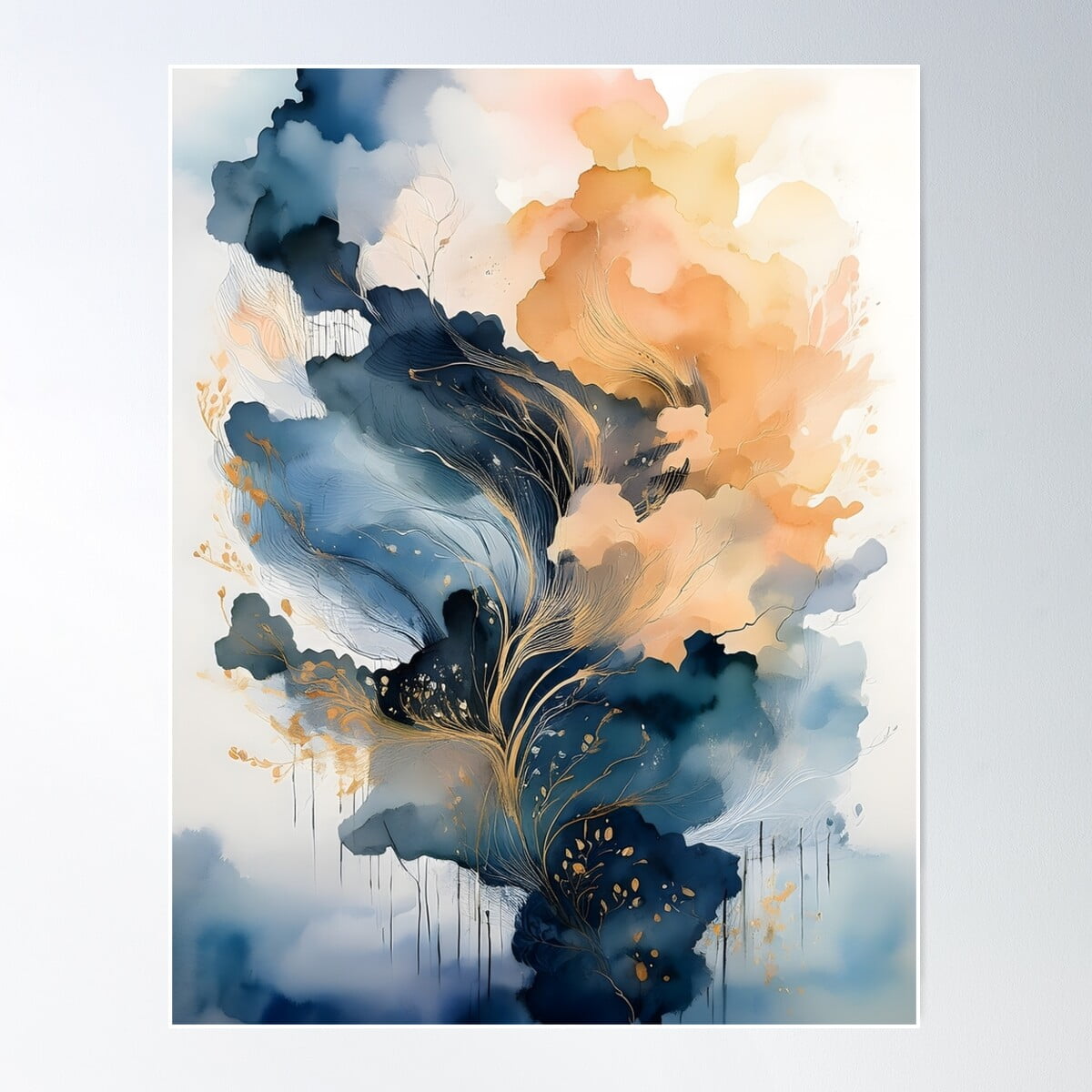 Abstract Watercolor With Flowing Blue And Orange Clouds, Intertwined With Delicate Golden Lines ...