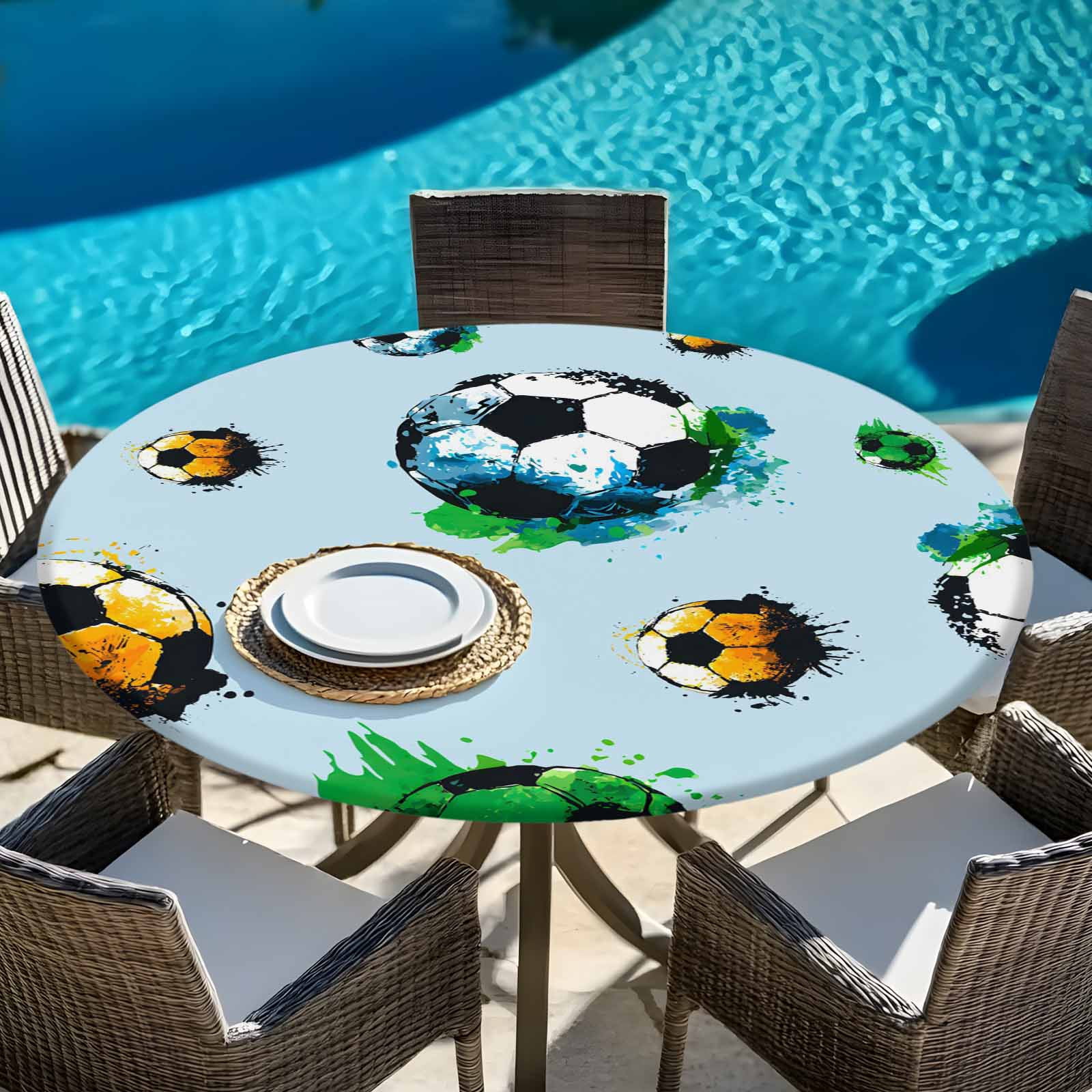 Abstract Watercolor Football Round Fitted Tablecloth with Elastic Edge ...
