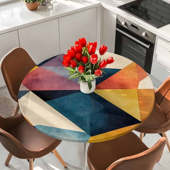 Abstract Watercolor Geometric Round Fitted Tablecloth with Elastic Edge ...