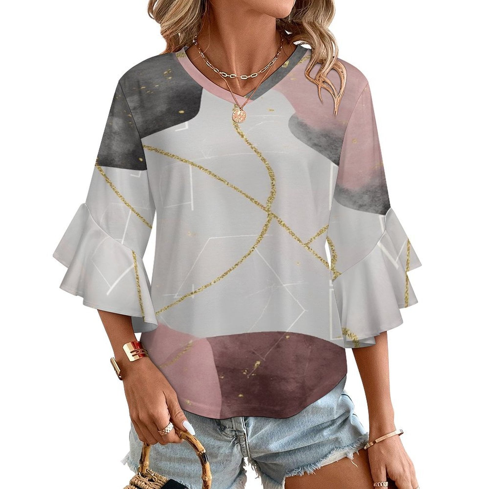 Abstract Watercolor Gold Design Women's V-Neck Blouse With 3/4 Ruffled ...