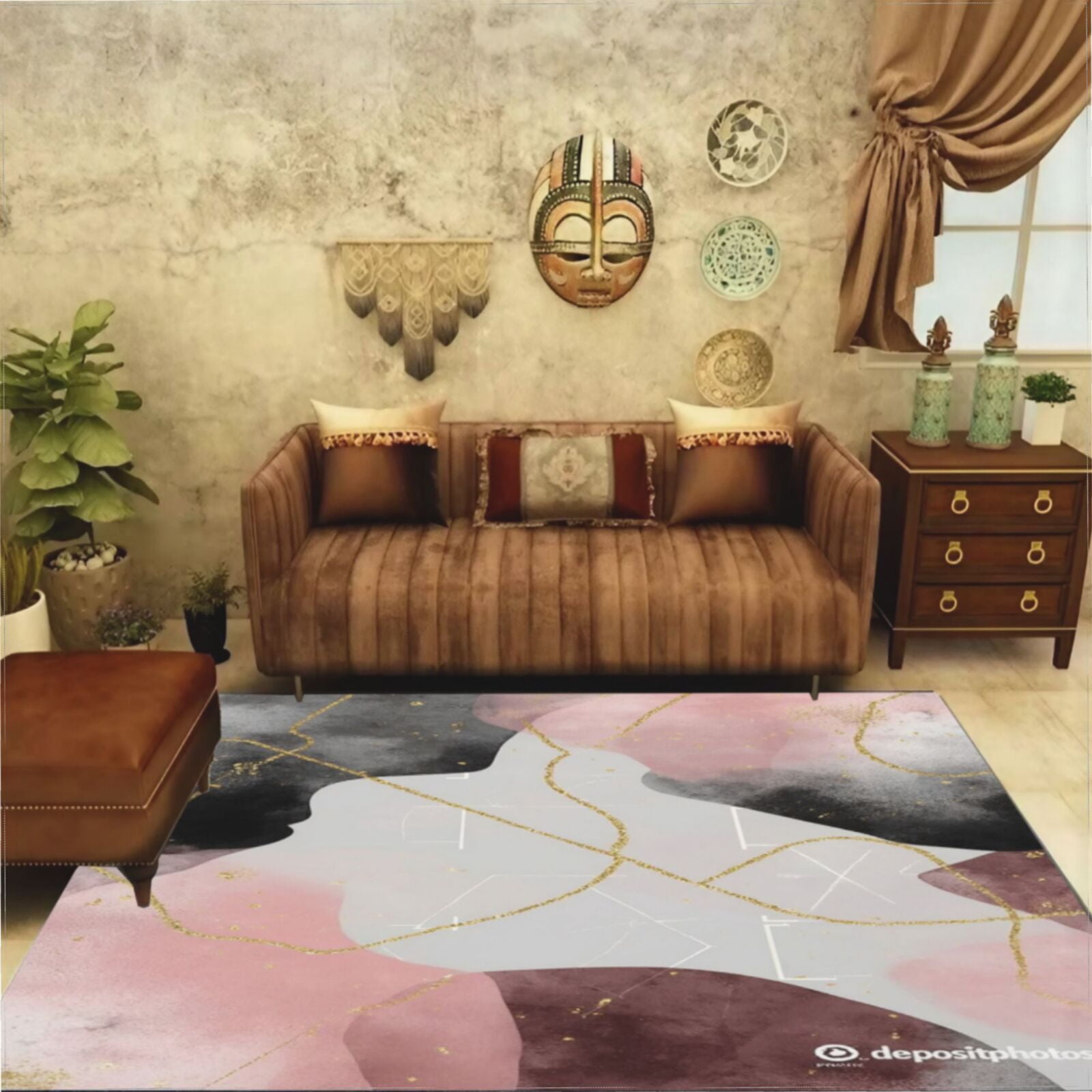 Abstract Watercolor Gold Light Luxury Retro Carpet Large Size Living ...