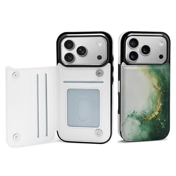 Abstract Watercolor Green Gold Leather Wallet Case for iPhone 12 Wallet ...