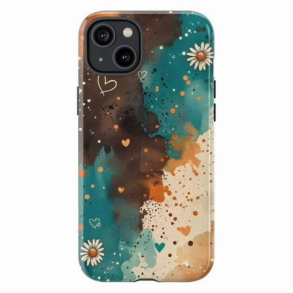 Abstract Watercolor Heart & Daisy Phone Case, Teal Brown Artistic ...