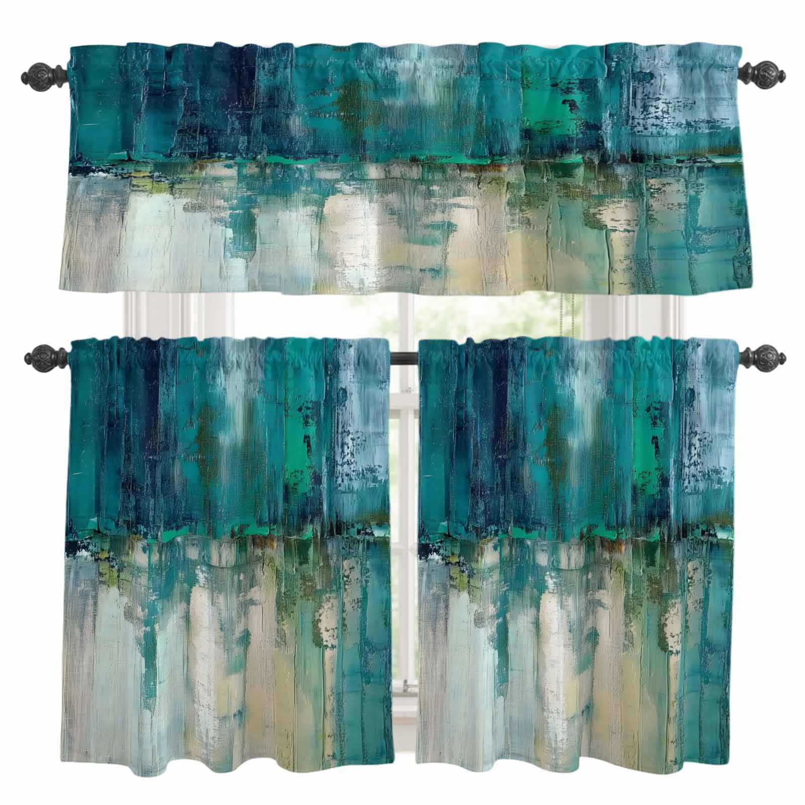 Abstract Watercolor Kitchen Curtains Valances and Tiers Set of 3 Retro ...