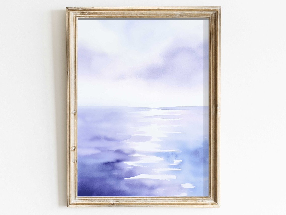 Abstract Watercolor Landscape Painting, Purple Home Decor, Sea & Sky ...