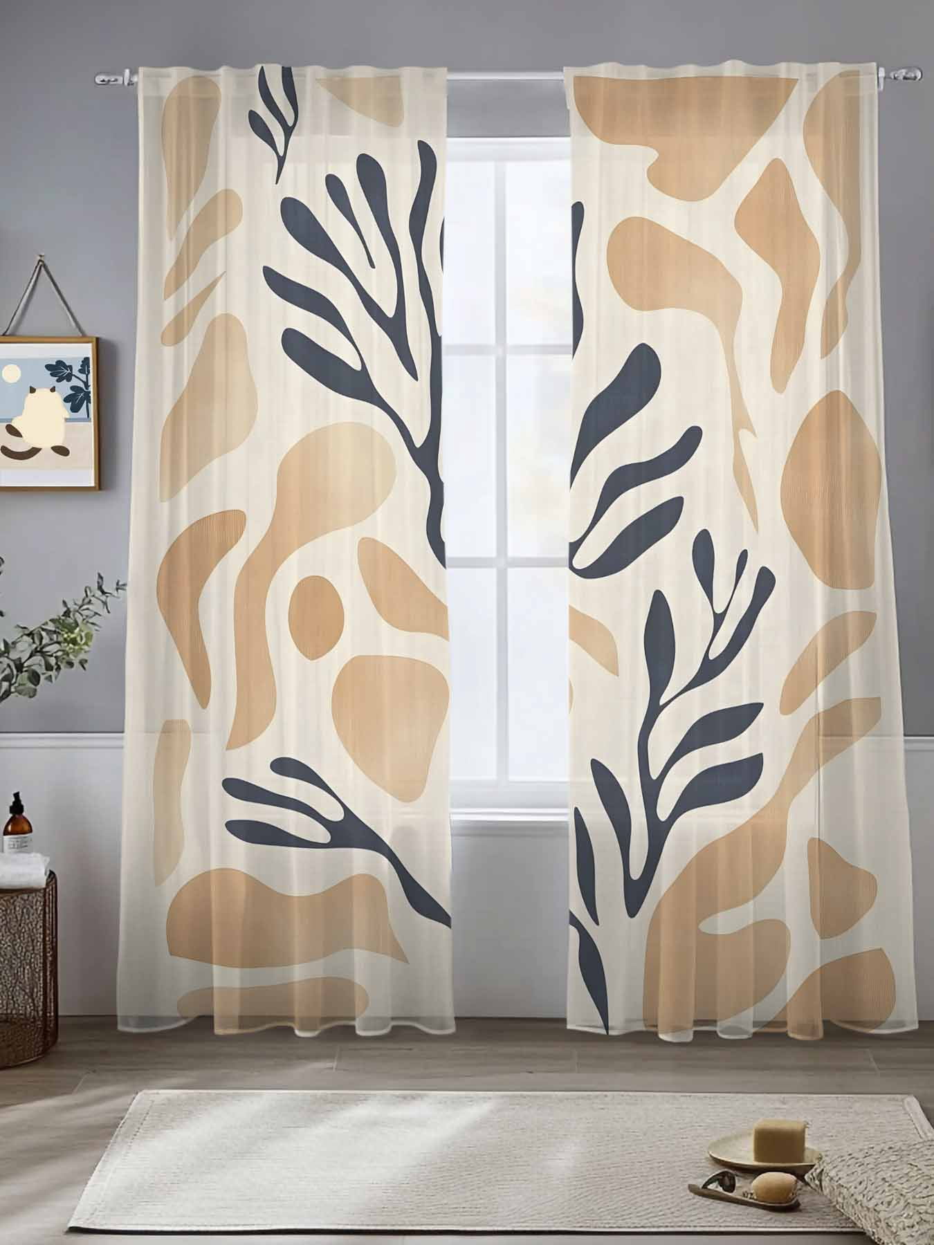 Abstract Watercolor Ocean Coral Chiffon Sheer Curtains 84 Inches Long ...