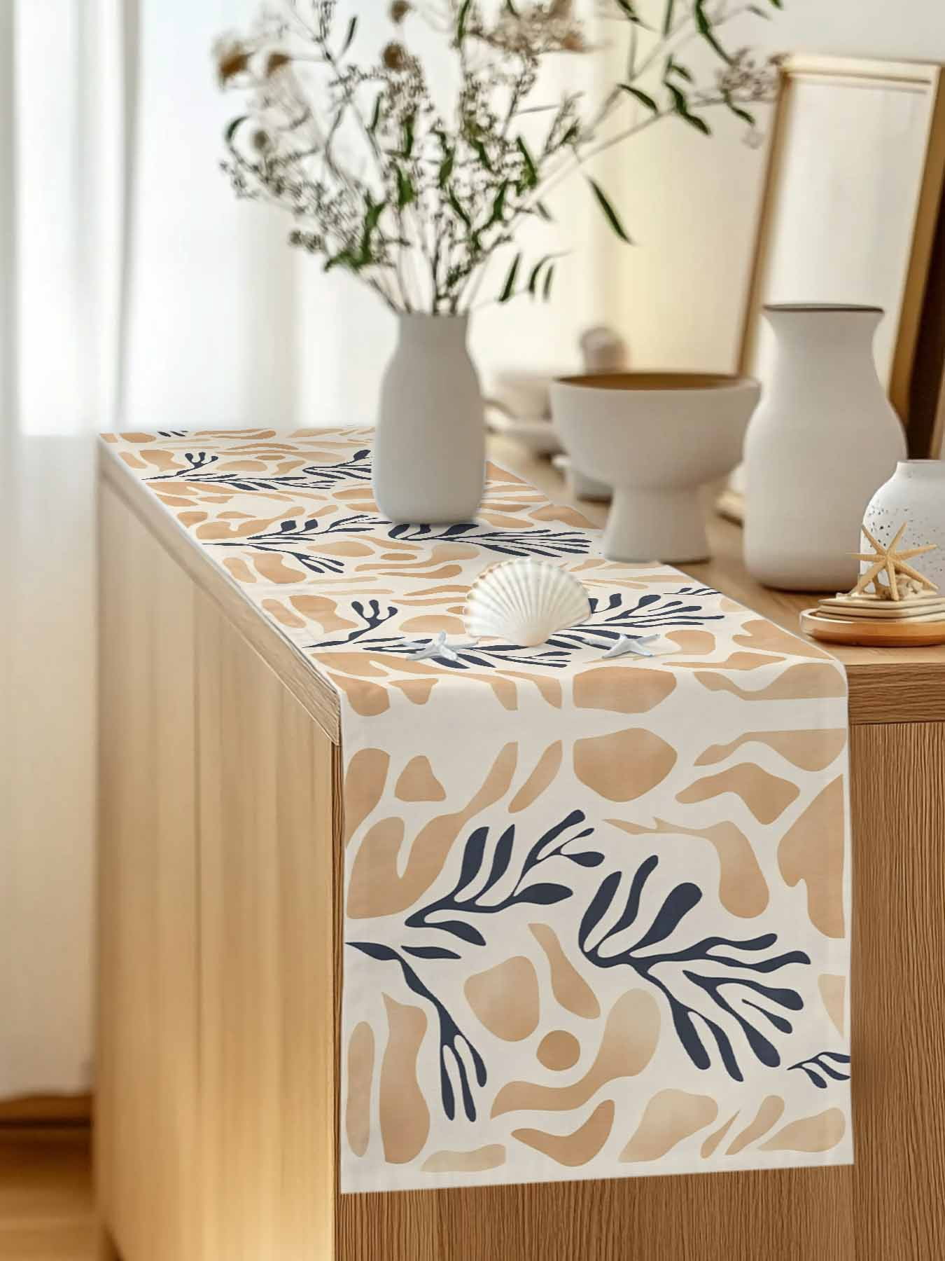 Abstract Watercolor Ocean Coral Table Runner 13x72in Non-Slip Cotton ...