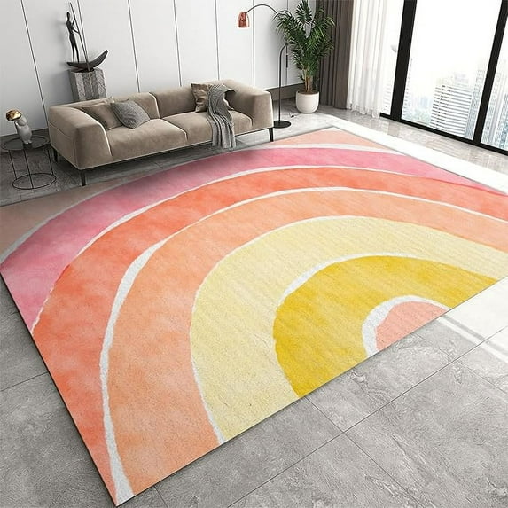 Abstract Watercolor Painting Girls Room Rug, Nordic Red Yellow Rainbow ...