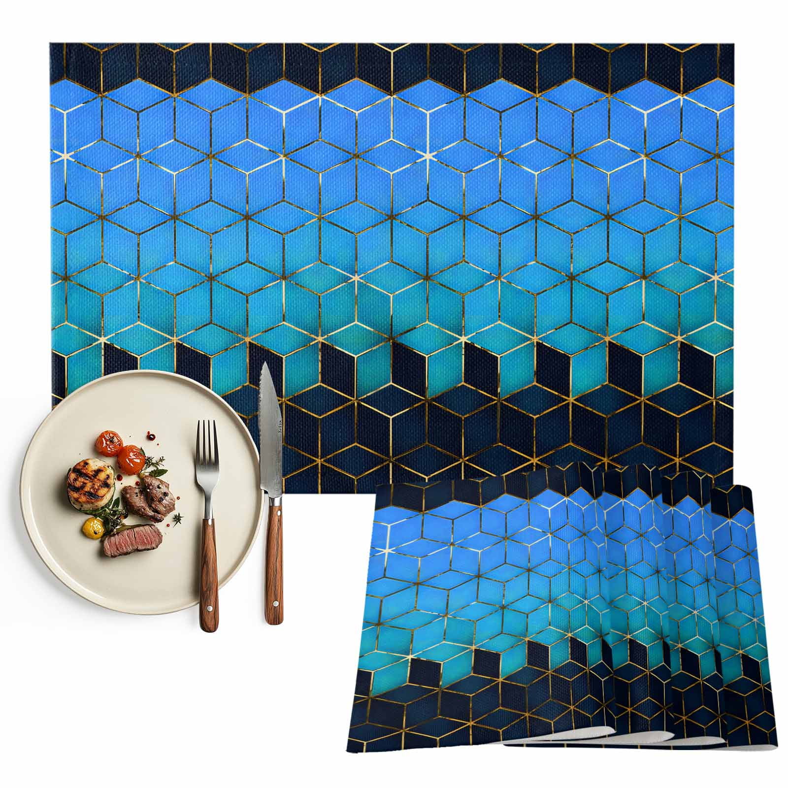 Abstract Watercolor Placemats Set of 8, Geometric Cube Pattern Table ...