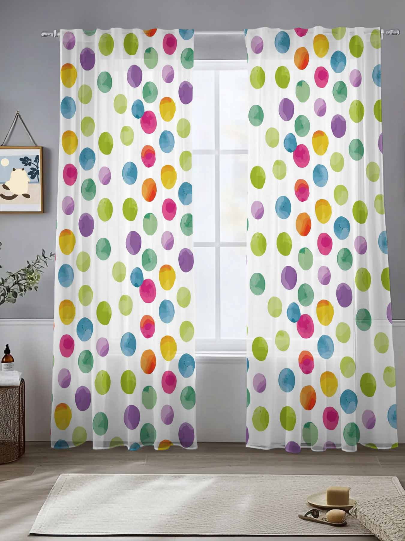 Abstract Watercolor Rounds Chiffon Sheer Curtains 84 Inches Long Green ...