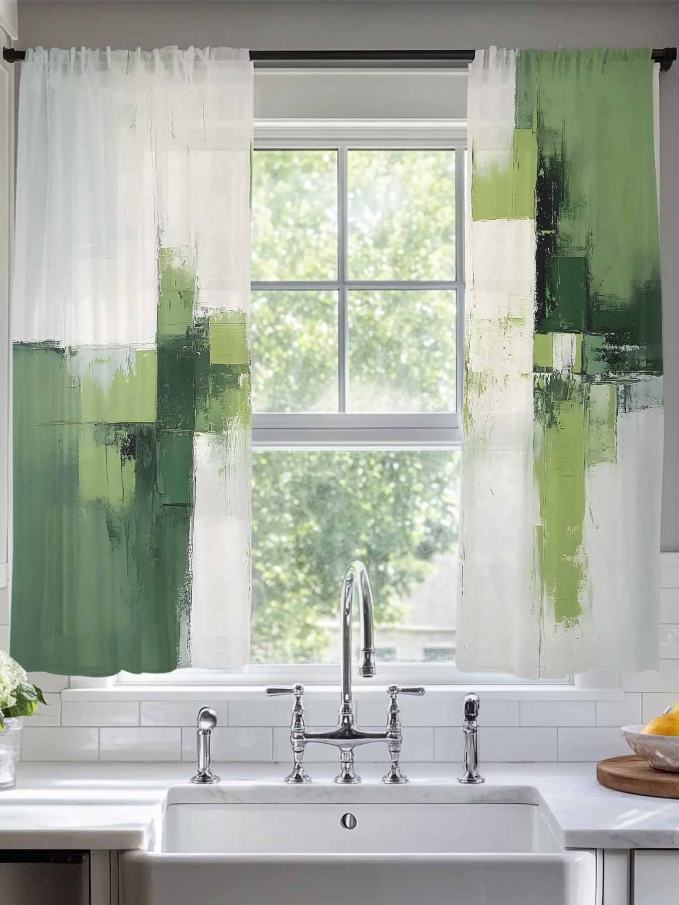 Abstract Watercolor Sheer Curtains 72 Inches Long 2 Panels Black Green ...