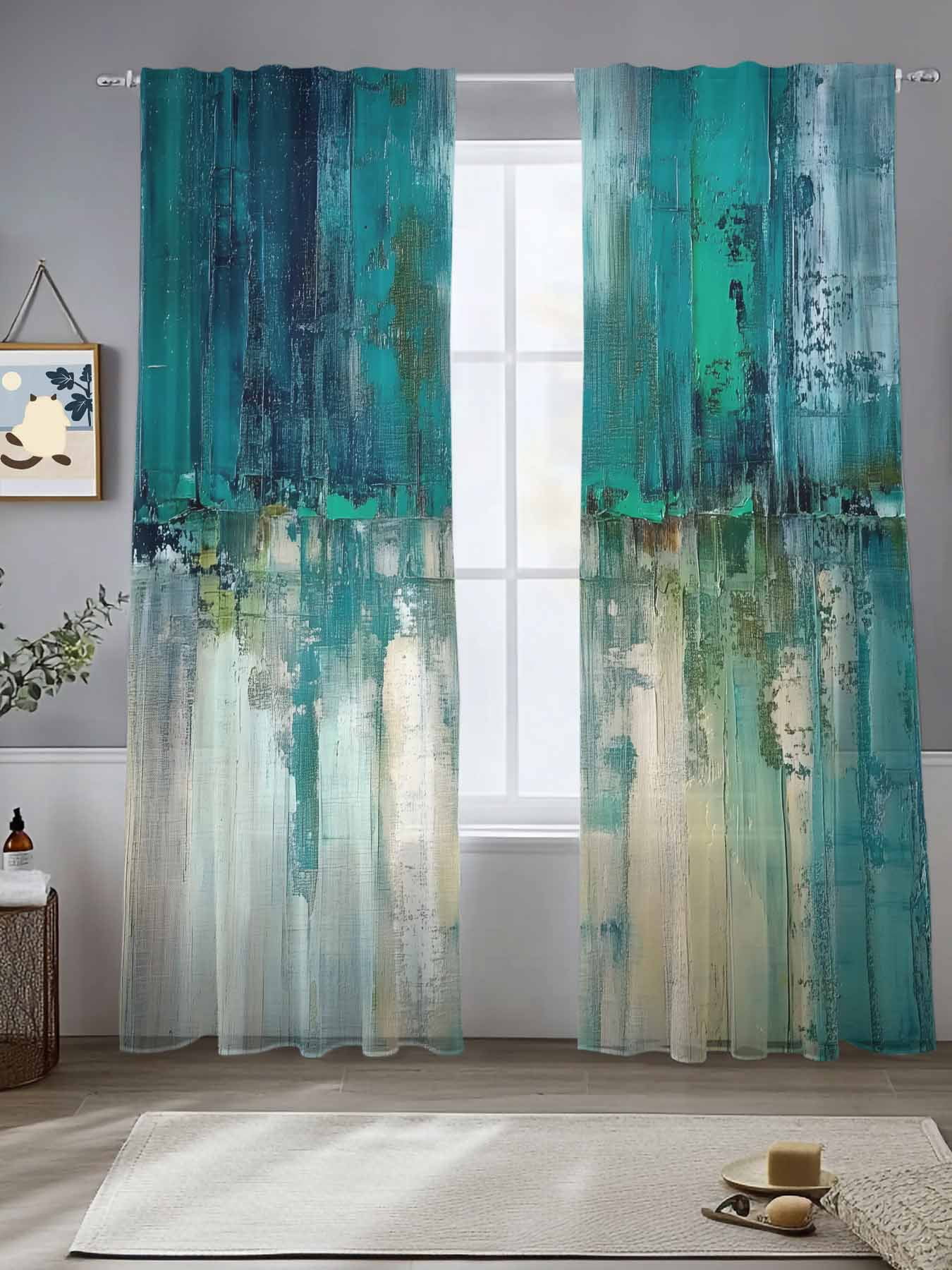 Abstract Watercolor Sheer Curtains 96 Inches Long 2 Panels Retro Green ...