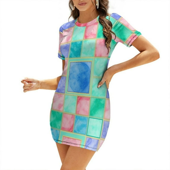 Abstract Watercolor Square Pattern Summer Dresses For Women Dress Short ...