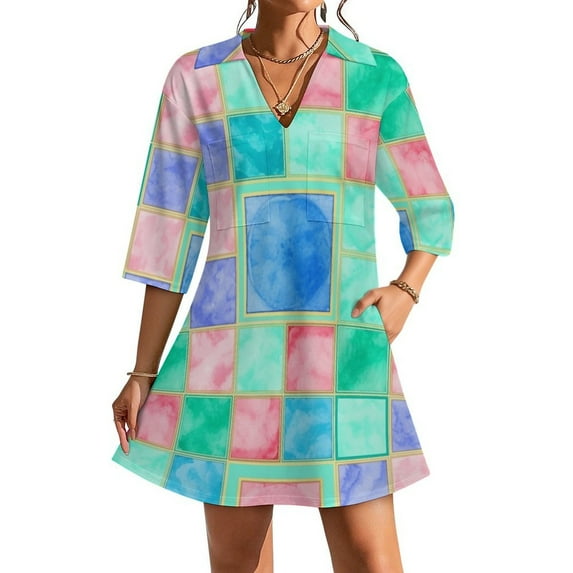 Abstract Watercolor Square Pattern Womens Dress With Pockets Summer V ...