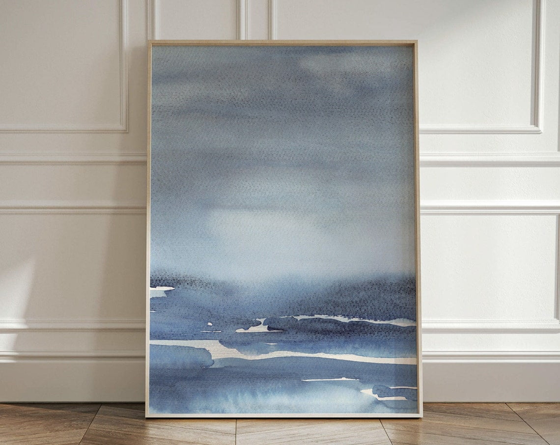 Abstract Watercolor Style Sea Landscape - Blue Gray Ocean Art ...