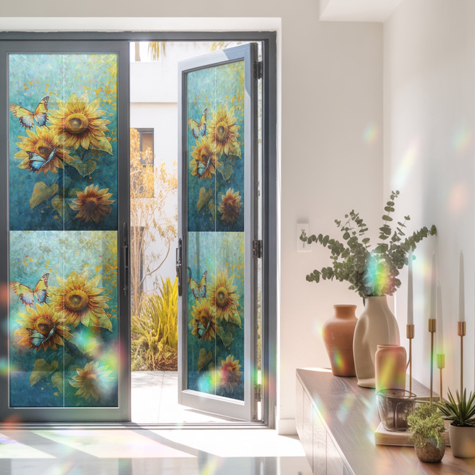 Abstract Watercolor Sunflower Butterfly Window Privacy Film, Rainbow ...