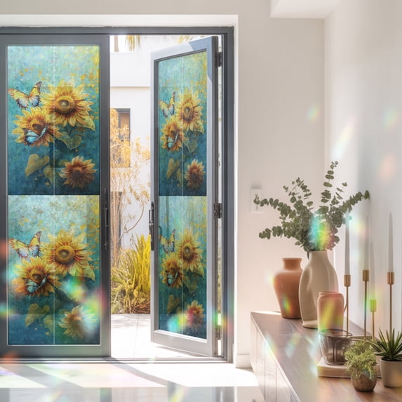 Abstract Watercolor Sunflower Butterfly Window Privacy Film, Rainbow ...