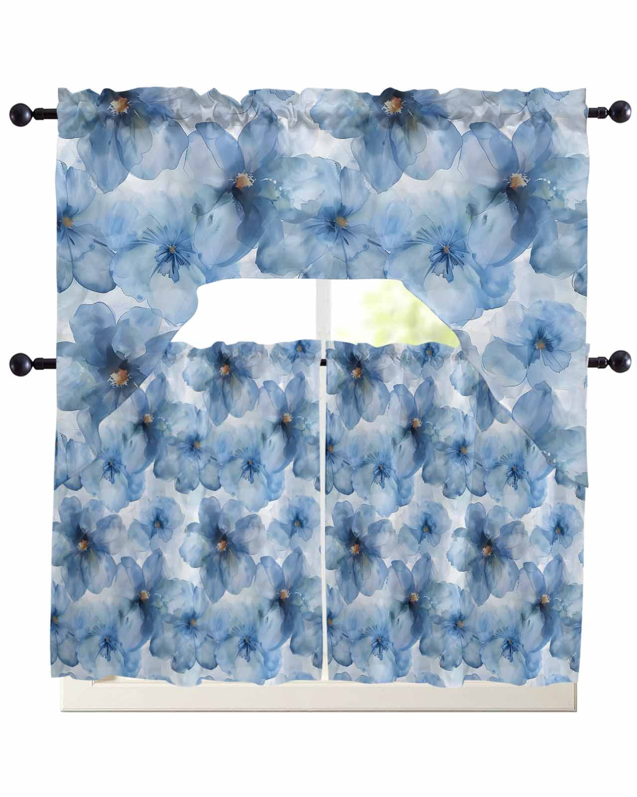 Abstract Watercolor Swag Valance and Tier Curtains Set Blue Flower ...