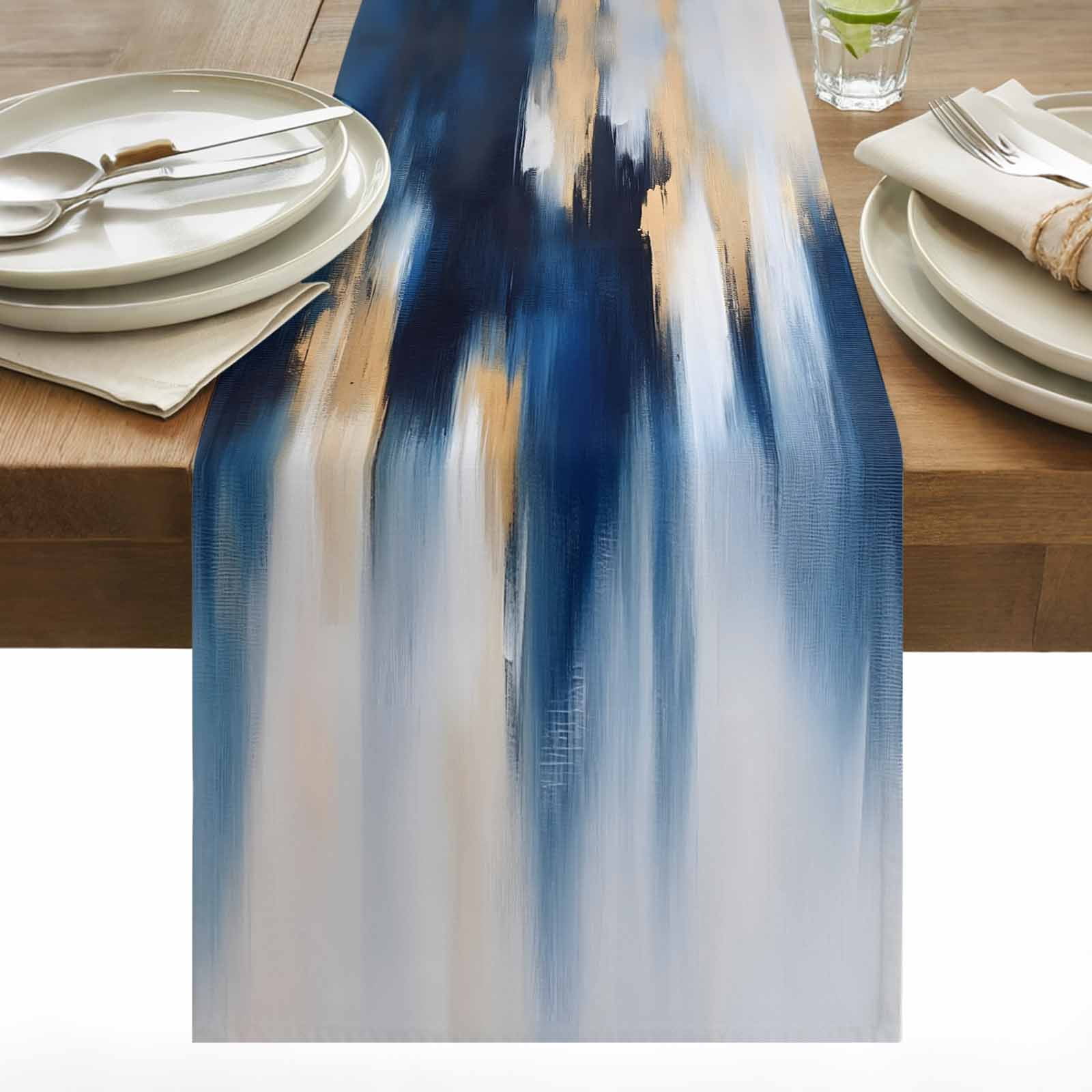 Abstract Watercolor Table Runner 13x120 inch Gold Blue Gradient ...
