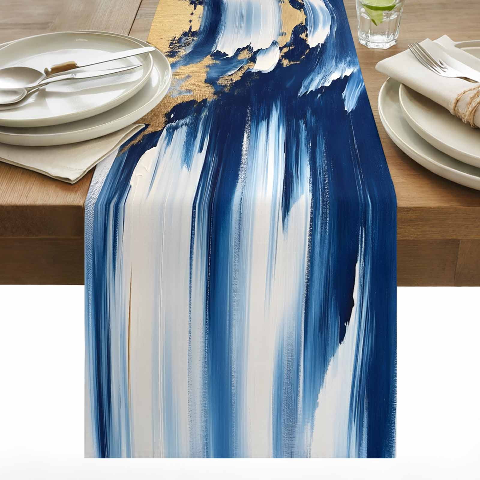 Abstract Watercolor Table Runner 13x36 inch Graffiti Art Gold Blue ...