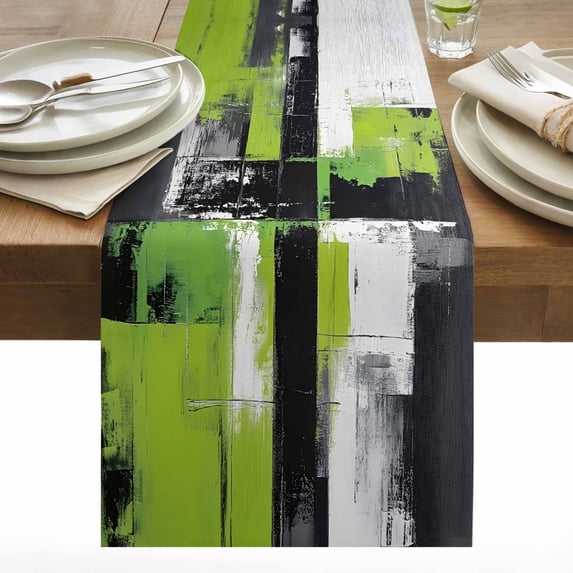 Abstract Watercolor Table Runner 13x36 inch Green Black Shape Graffiti ...