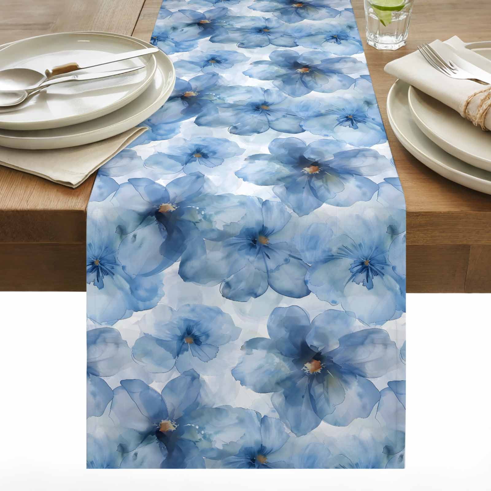 Abstract Watercolor Table Runner 13x60 inch Blue Flower Floral Cotton ...