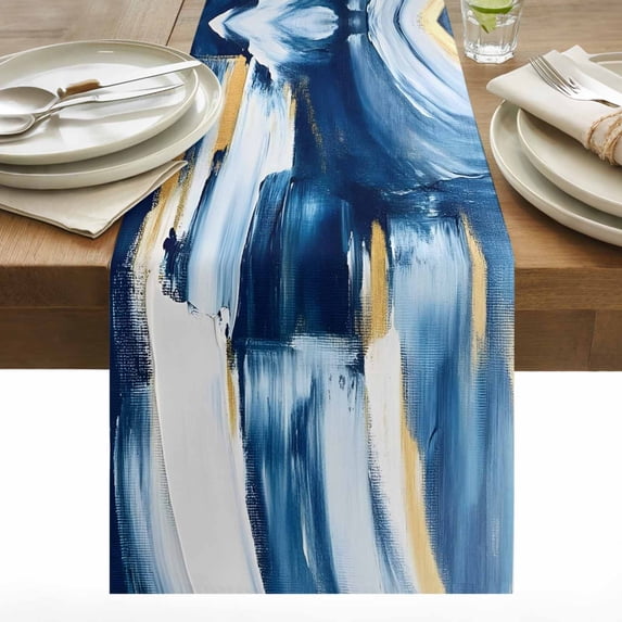 Abstract Watercolor Table Runner 13x90 inch Blue Gold Blend Graffiti ...