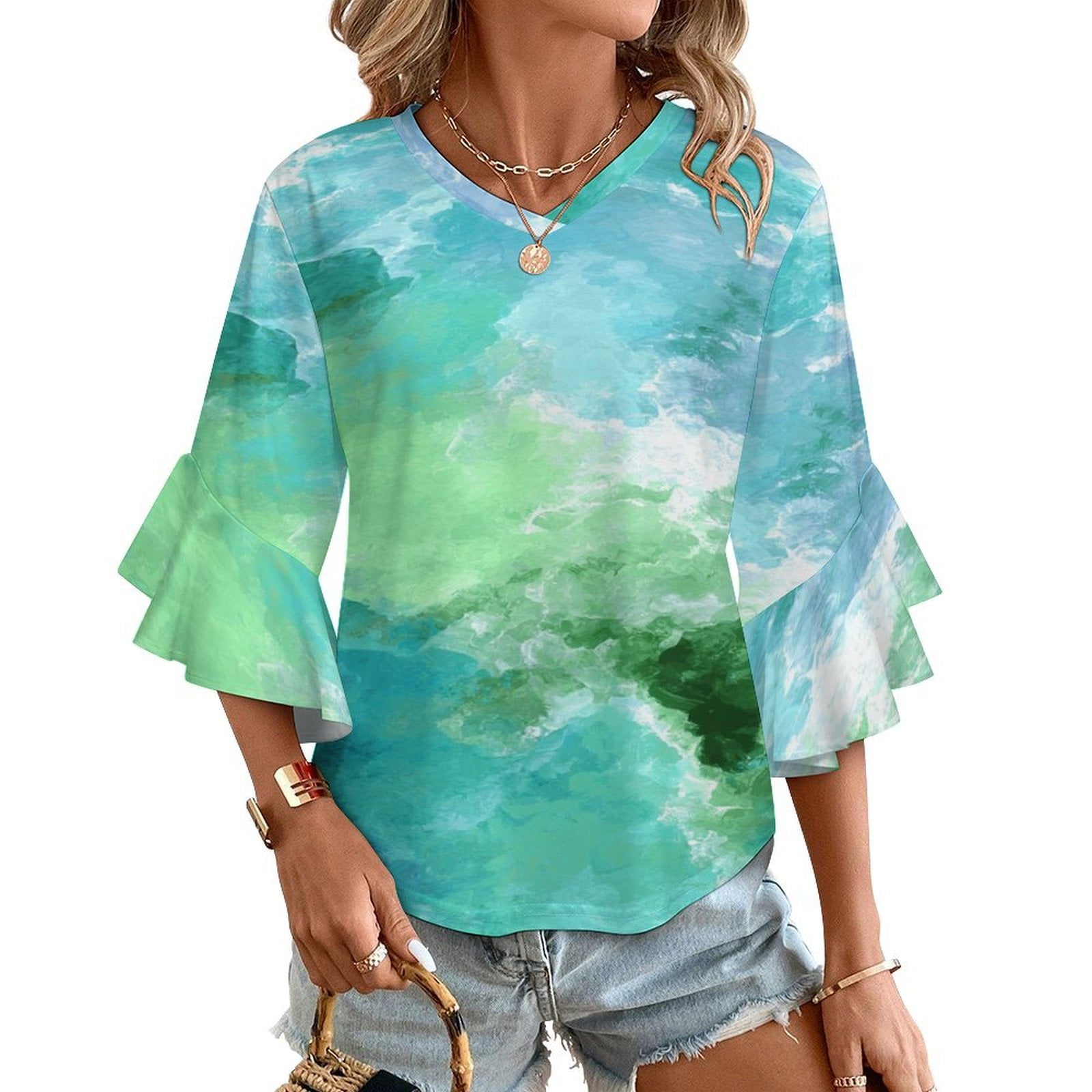 Abstract Watercolor Texture Women's V-Neck Blouse With 3/4 Ruffled Bell ...