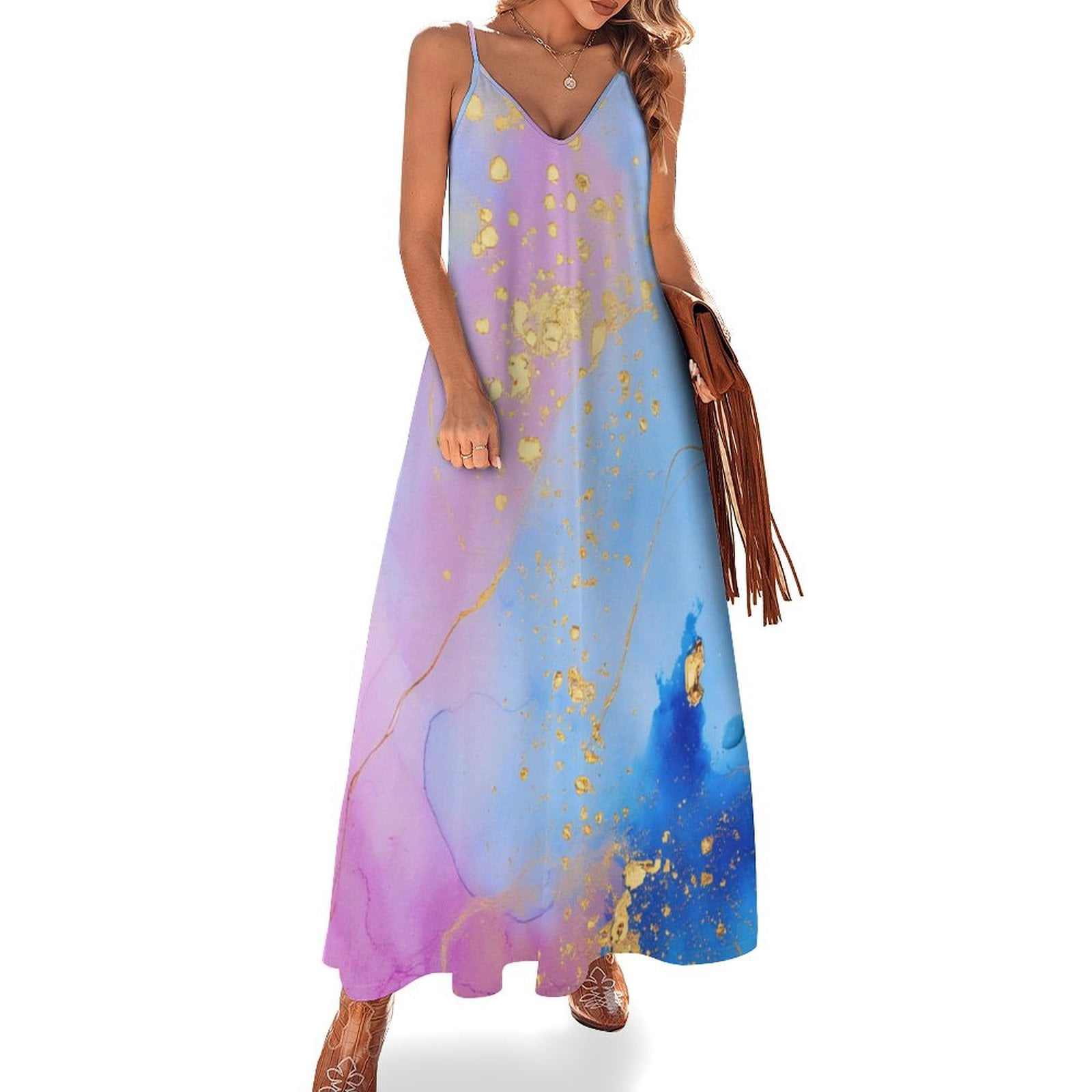 Abstract Watercolor with Gold Foil Sleeveless Dress Women's Luxury ...