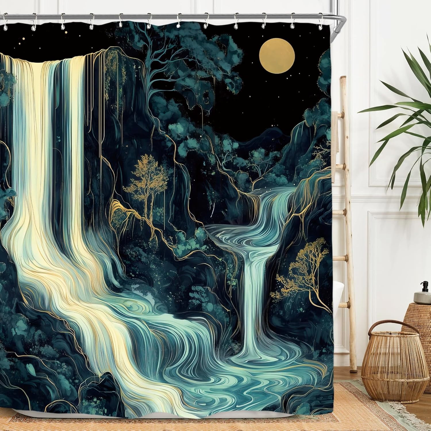 Abstract Waterfall Moon Shower Curtain Set 72Wx72H Inches Night Teal ...