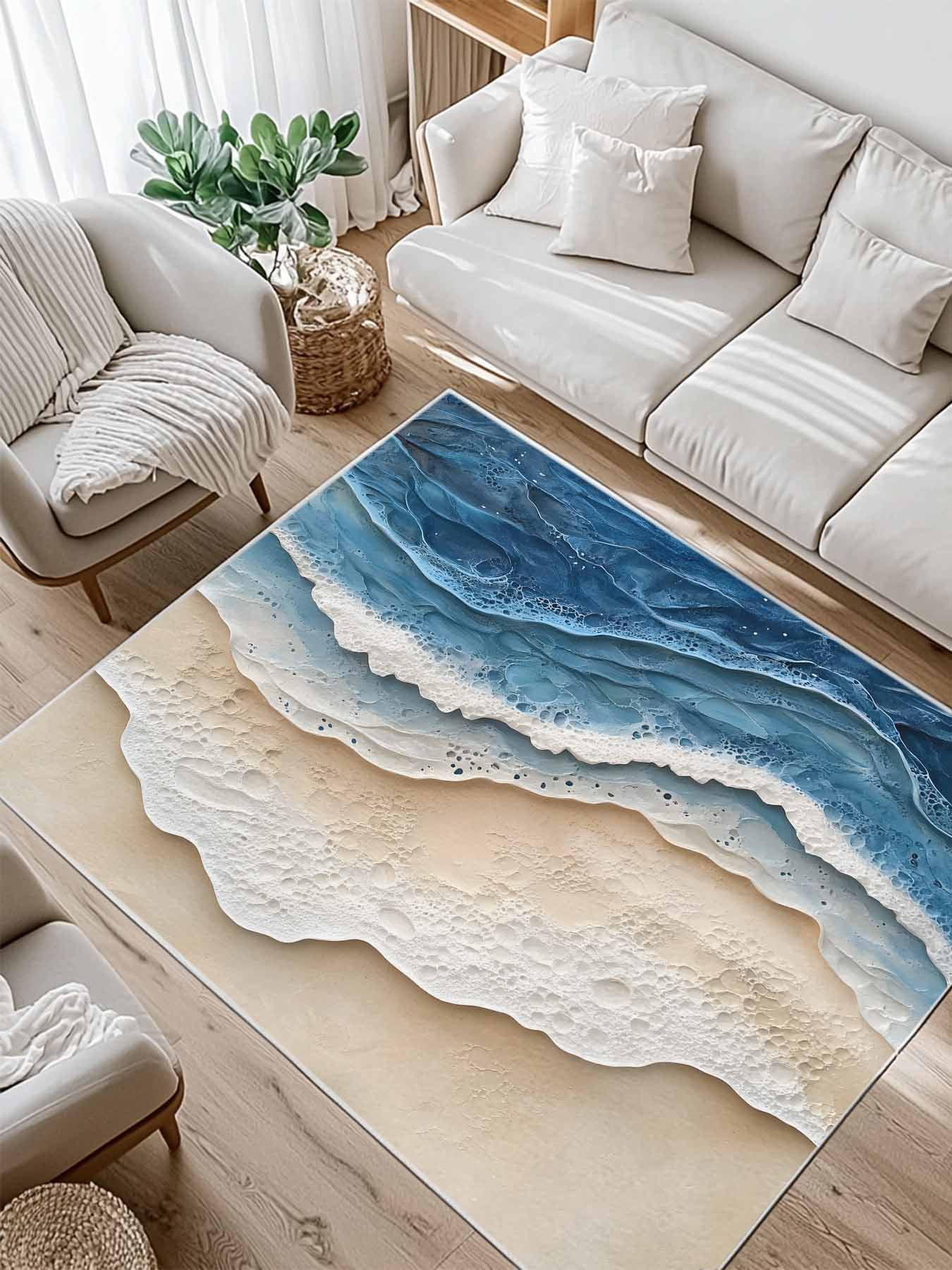 Abstract Wave Area Rug for Bedroom 3x5 Ft Texture Blue Beige Gradient ...