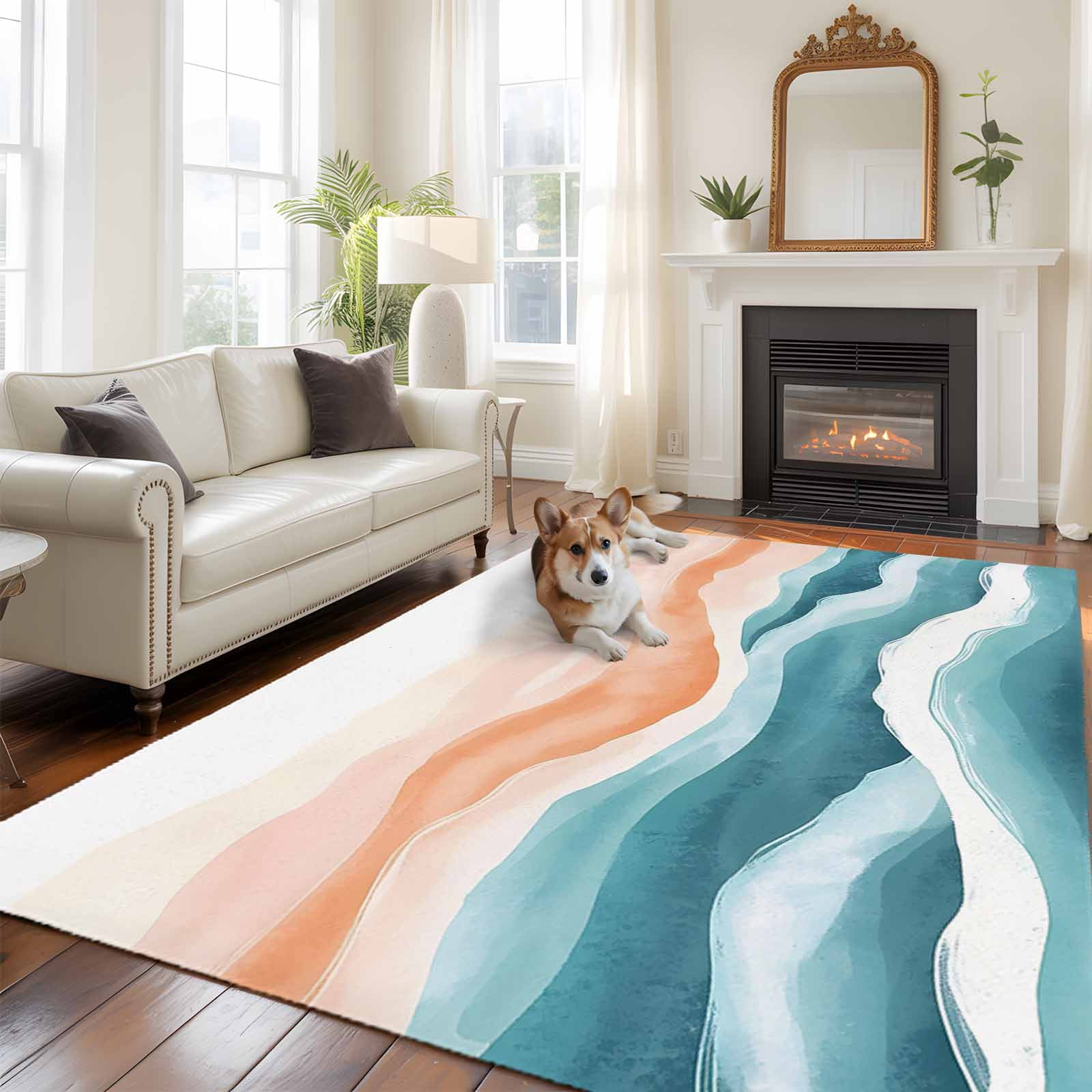 Abstract Wave Area Rugs 5x7 ft Watercolor Blue Modern Art Washable Rug ...