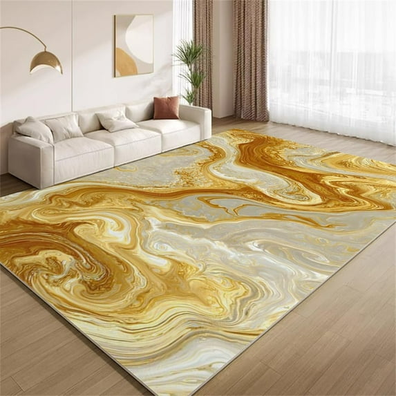 Abstract Wave Area Rugs, Golden Brown Fluid Swirl Carpet, Washable Non ...