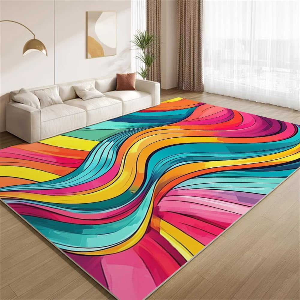 Abstract Wave Area Rugs, Multicolor Funky Stripe Carpet, Washable Non ...