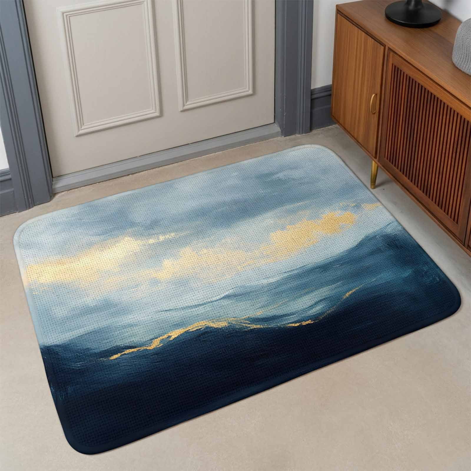 Abstract Wave Art Front Door Mat Indoor Entrance, Blue Yellow Sunshine ...