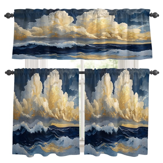Abstract Wave Art Kitchen Curtains Set for Windows, Blue Gold Cloud ...