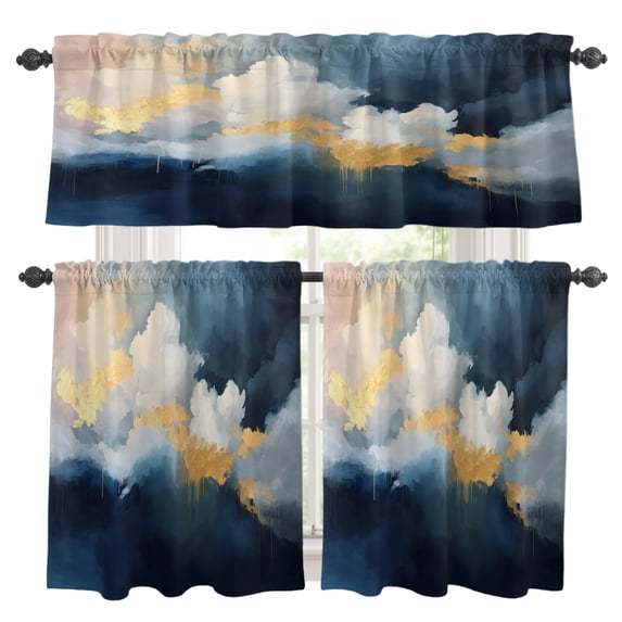 Abstract Wave Art Kitchen Curtains Set for Windows, Blue Gold Clouds ...