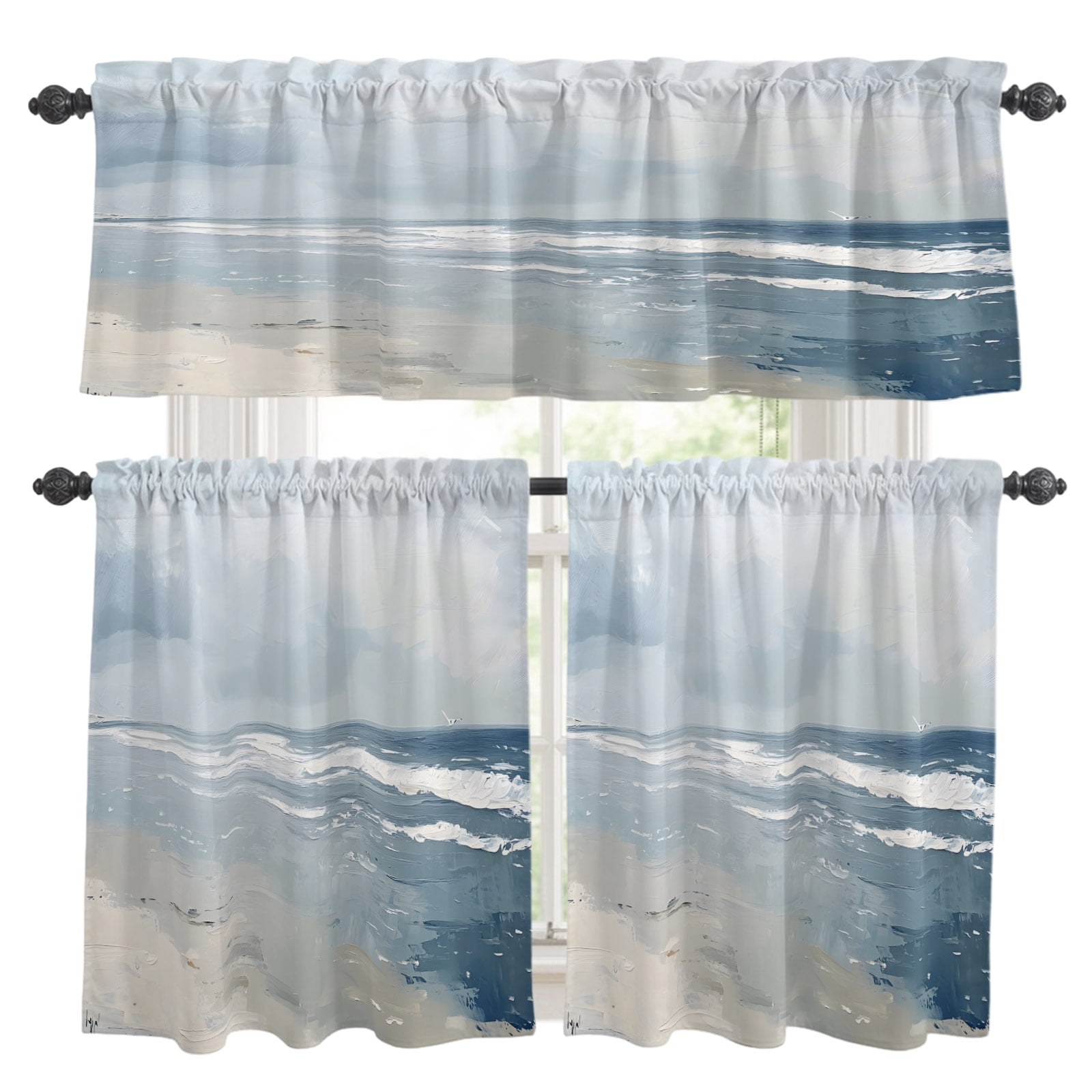 Abstract Wave Art Kitchen Curtains Set for Windows, Light Blue Seaside ...