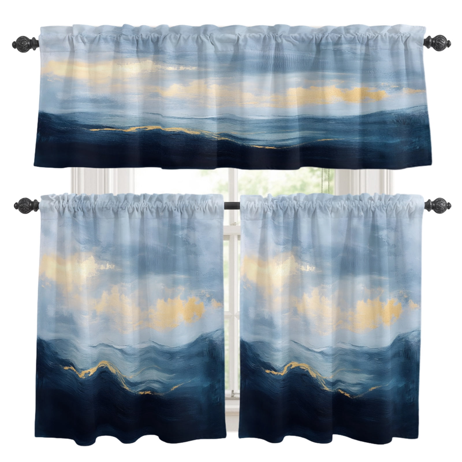 Abstract Wave Art Kitchen Curtains Valance and Tier Set Blue Yellow ...