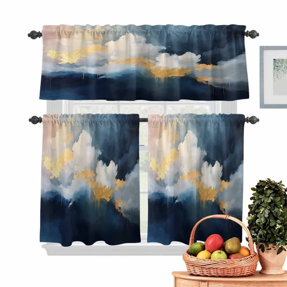 Abstract Wave Art Kitchen Curtains Valances 3 Piece Set, Blue Gold ...