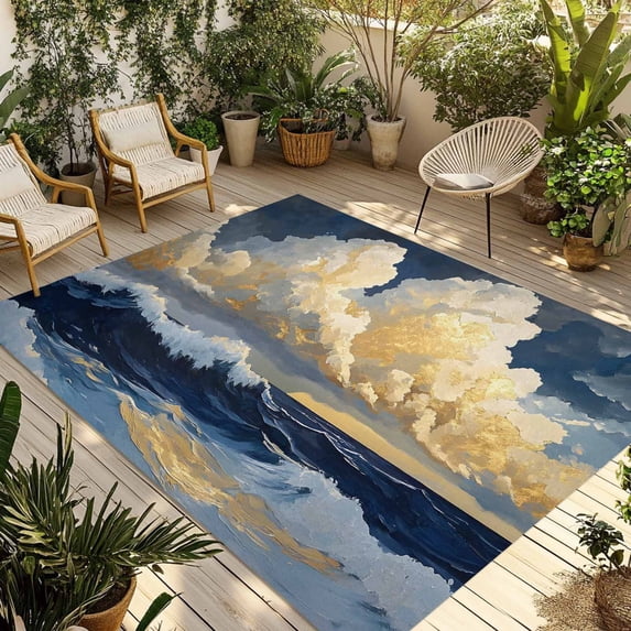 Abstract Wave Art Outdoor Rug, Blue Gold Cloud Ocean Oil Painting Style ...