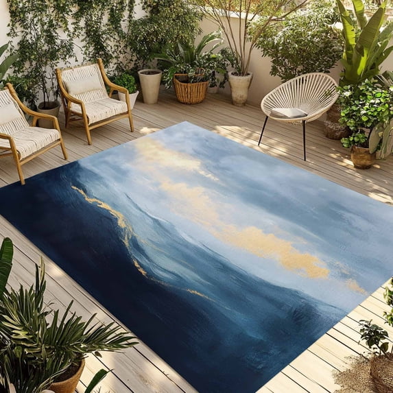 Abstract Wave Art Outdoor Rug, Blue Yellow Sunshine Oil Painting Style ...