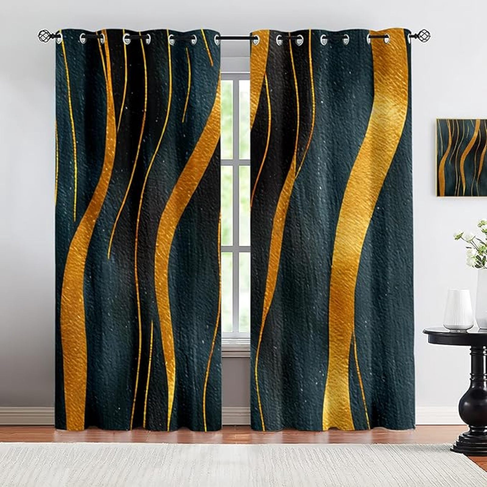 Abstract Wave Art Print Curtain, Modern And Stylish Golden Lines ...