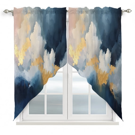 Abstract Wave Art Swag Curtain Valance for Window 2 Panels Blue Gold ...
