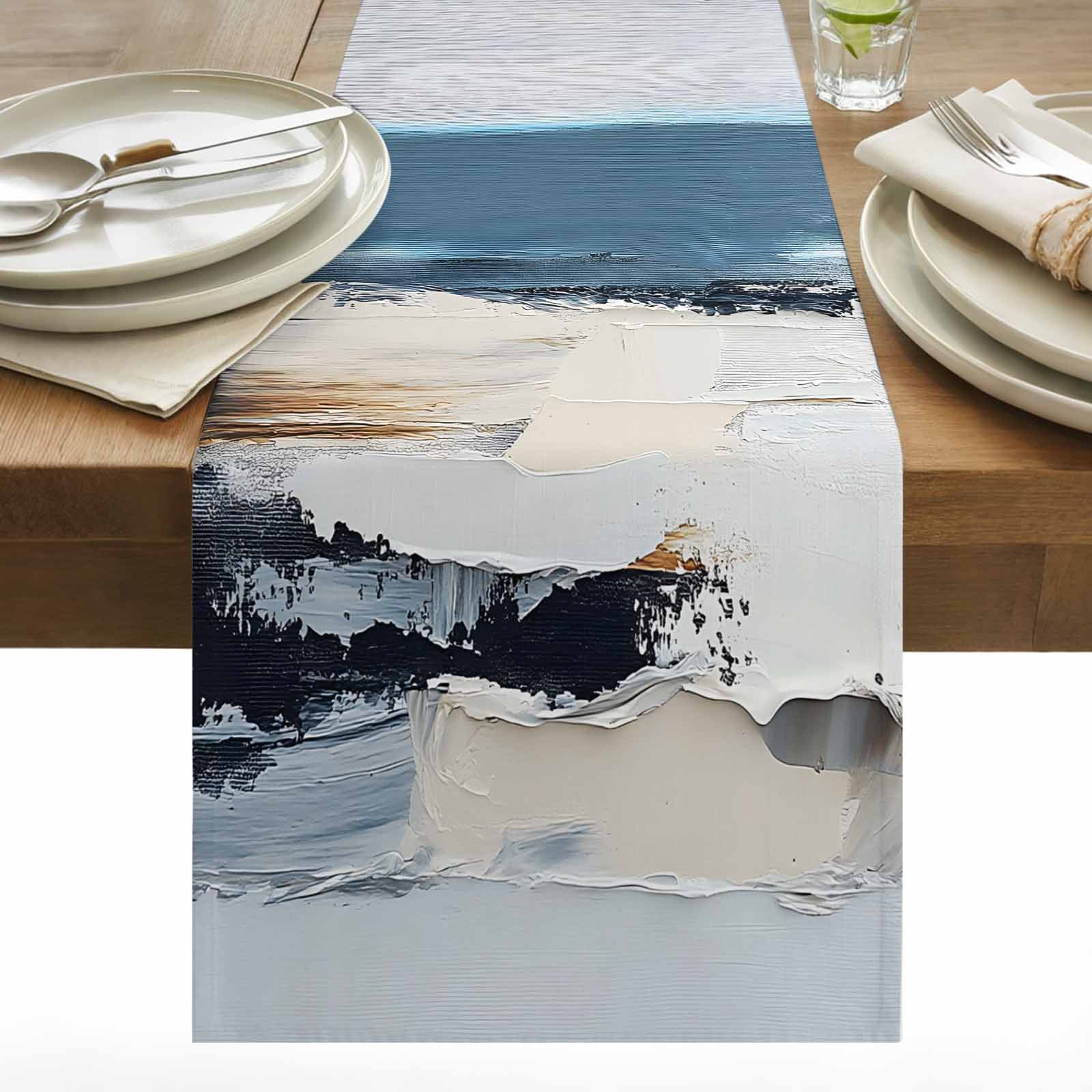 Abstract Wave Art Table Runner 13x48 inch Blue Seaside Oil Painting ...