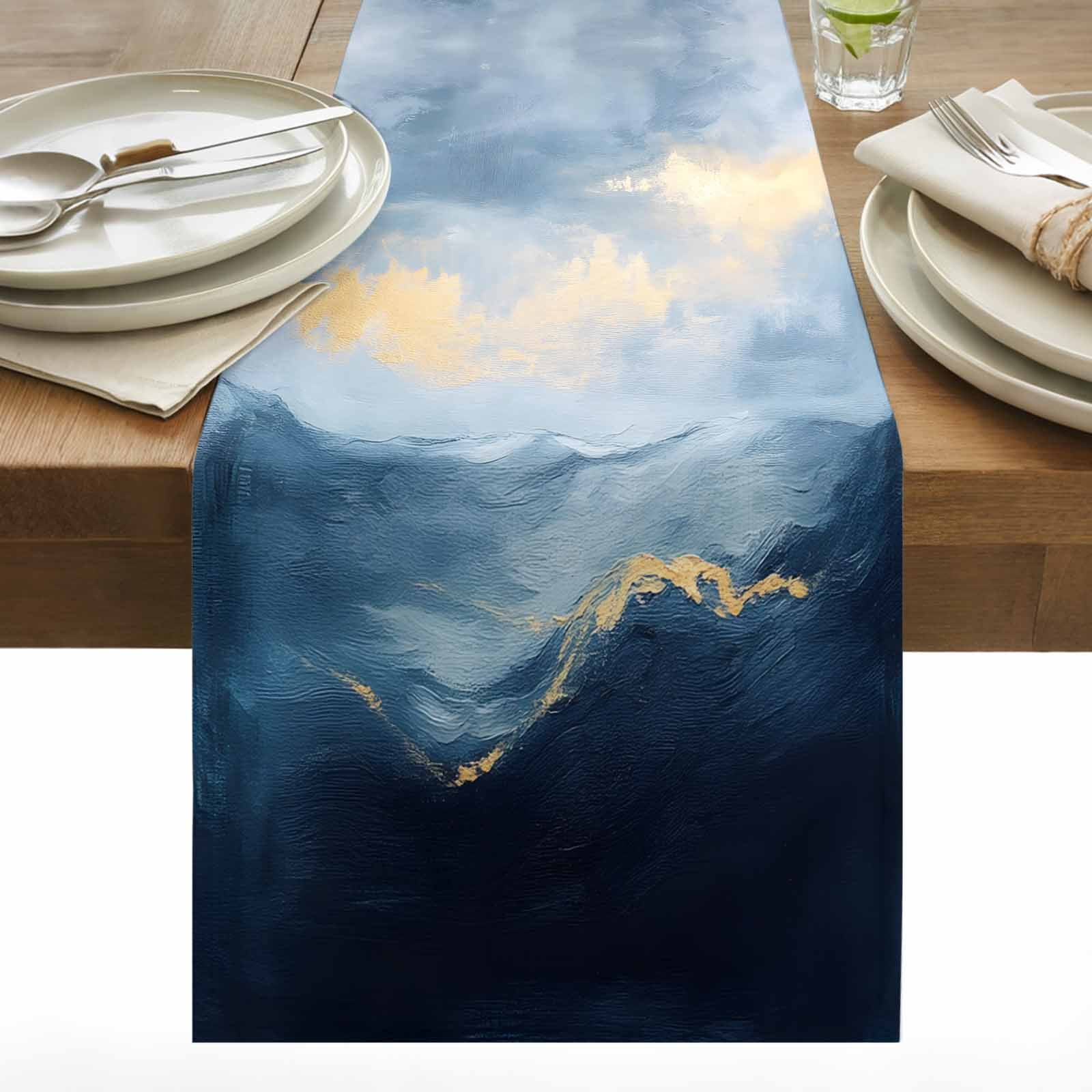 Abstract Wave Art Table Runner 13x60 inch Blue Yellow Sunshine Oil ...