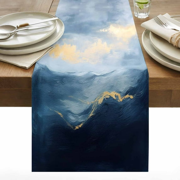 Abstract Wave Art Table Runner 13x72 inch Blue Yellow Sunshine Oil ...